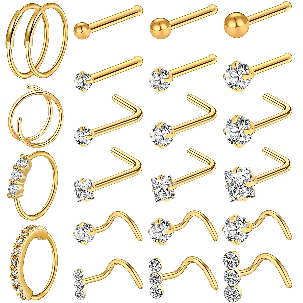 ONESING 23Pcs Gold Nose Rings for Women 20G Nose Piercing Jewelry L Shape Nose Studs Nose Rings Hoop Nose Jewelry Gold Stainless Steel Studs Screw Body Piercing Jewelry for Women Men