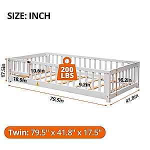 i-POOK Twin Floor Bed for Children, Sturdy Wood Montessori Bed Frame with Wood Slats, High Fence & Small Door, Montessori Floor Bed for Girls and Boys, White