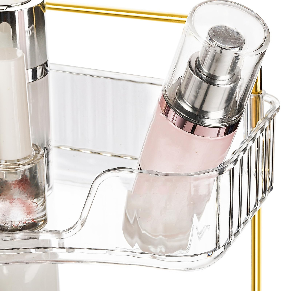 Cididu 3 Tiers Bathroom Counter Organizer, Clear Corner Shelf Storage Rack, Cosmetic Perfume Standing Holder with Gold Metal Pole, Skincare Sink Organizer for Vanity Countertop