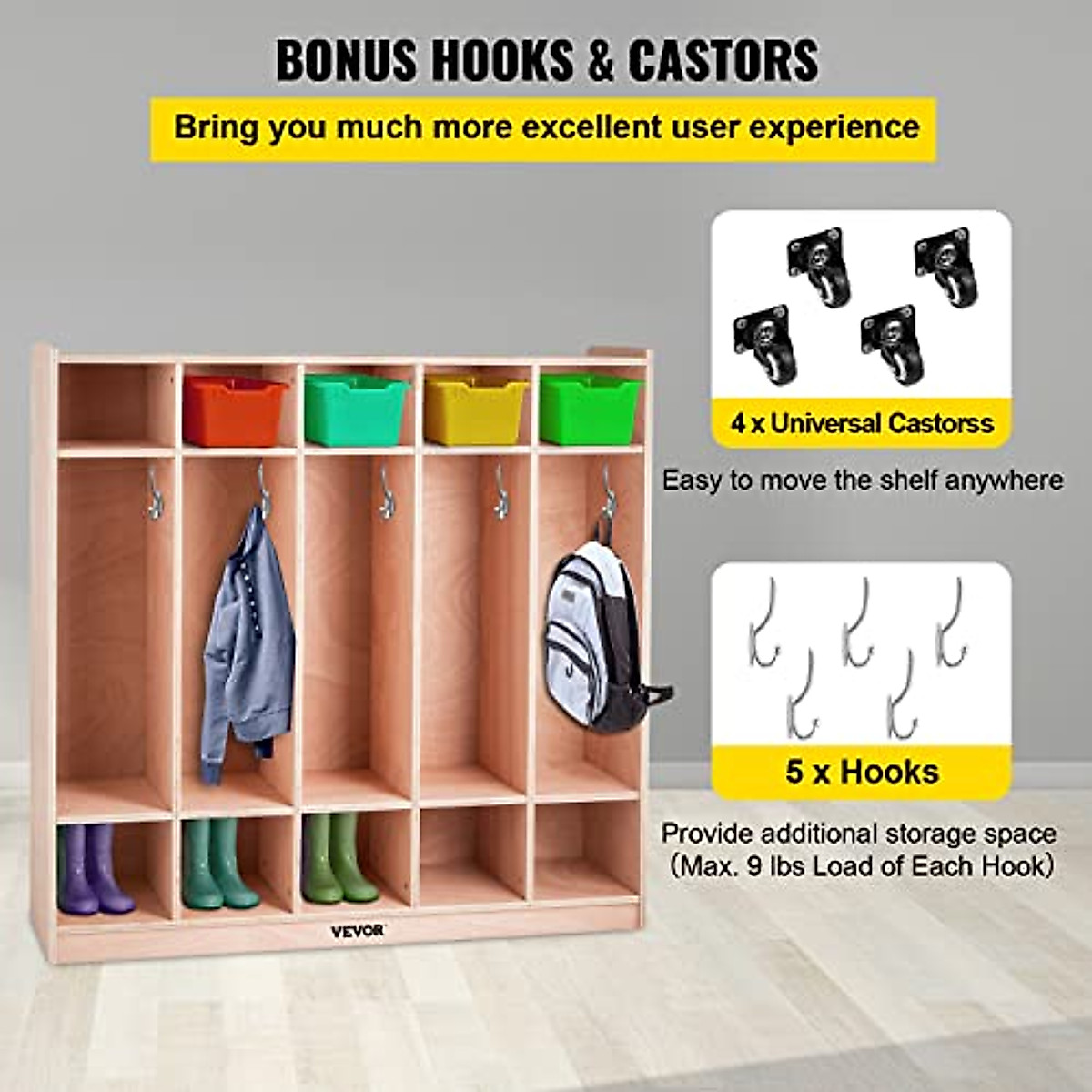 Happybuy 5-Section Classroom Coat Locker, 15mm Thickness Cubbies for Classrooms, Classroom Cubbies, Classroom Furniture with 4 casters for Home, School, Kindergarten