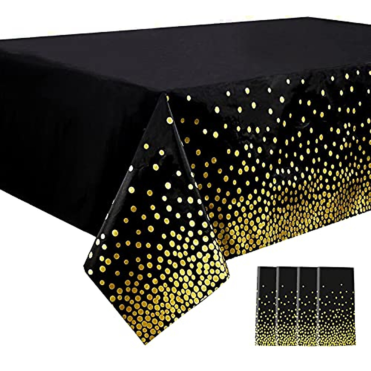 4 Pack Black Disposable Plastic Tablecloths 54x108 Inch Rectangle Table Cover with Gold Dot Confetti for Graduation, Birthday and Cocktail Party Anniversary Event