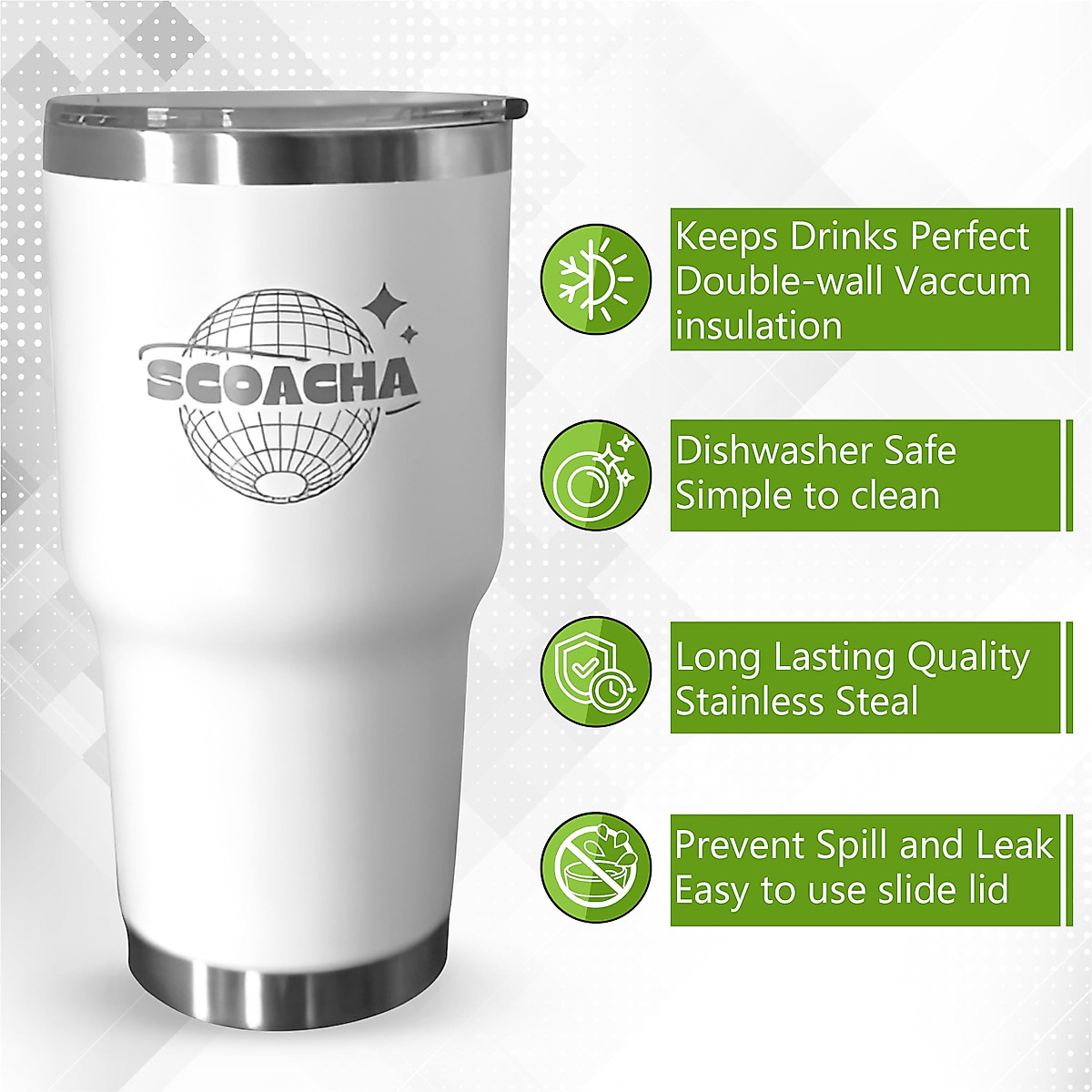 SCOACHA 30 oz Stainless Steel Double Wall Vacuum Insulated Travel Tumbler – Durable and Spill-Proof Lid – Perfect for On-the-Go, Work, and Outdoors. (White)