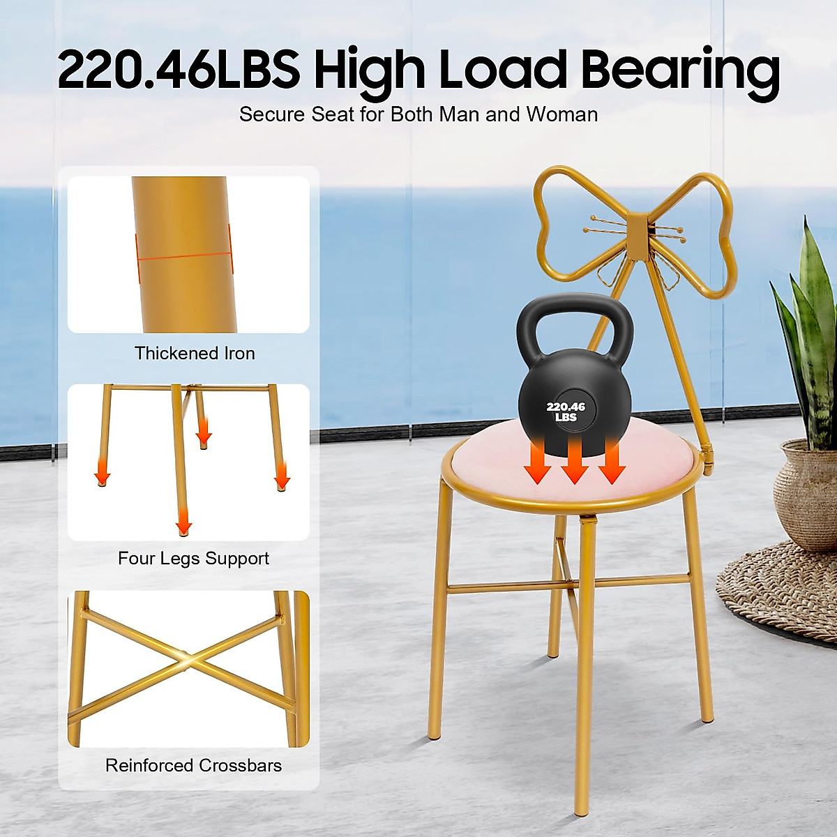 PalaUha Makeup Vanity Chair 32''H Side Table Seat Dressing Chair with Bow Knot Backrest Lounge Dresser Seat with Butterfly Bow Tie and Velvet Cushion for Girl Daughter Bedroom