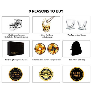 flybold Whiskey Glass Set Whiskey Stones Gift Set Whiskey Rocks Best Man Gifts for Wedding with 8 Stainless Steel Ice Cubes for 3X Faster Cooling 2 Glasses Gift Packing