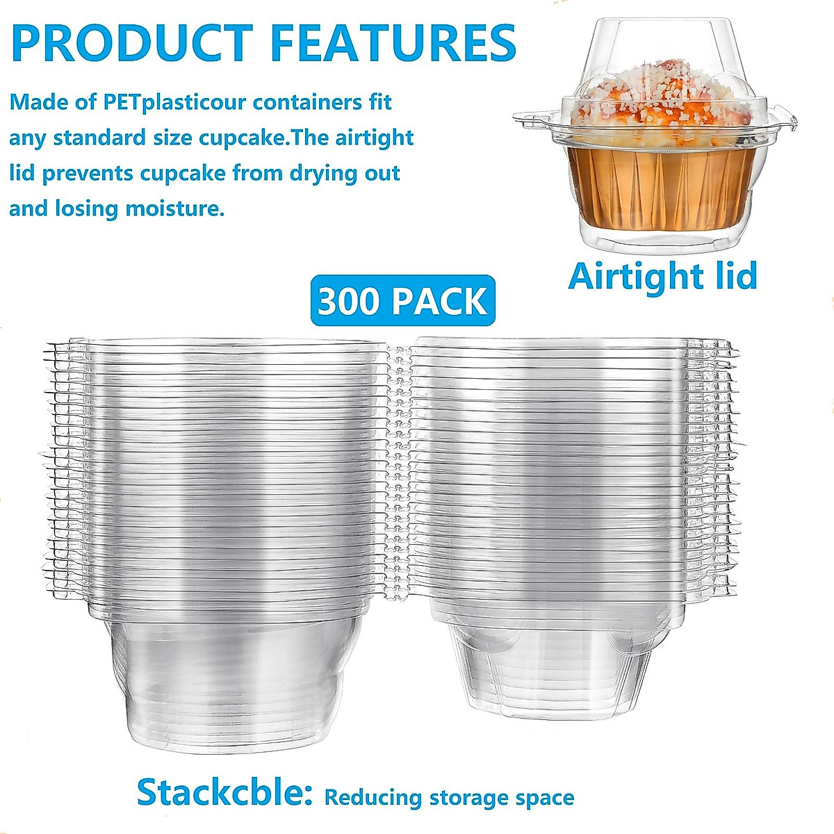 300 Pcs Individual Cupcake Containers Bulk Disposable Single Cupcake Boxes Plastic Cupcake Holder Stackable Cupcake Carriers Clear Cupcake Domes with Connected Lid for Food Wedding Baby Shower