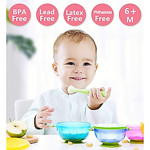 MICHEF Baby Bowls, Baby Feeding Bowls Set with 2 Hot Safe Baby Fork and Spoon, 2 Soft-Tip Silicone Baby Spoons, Mash and Serve Bowl - Baby Shower, Set of 3 Suction Baby Bowls for Toddler with Lids