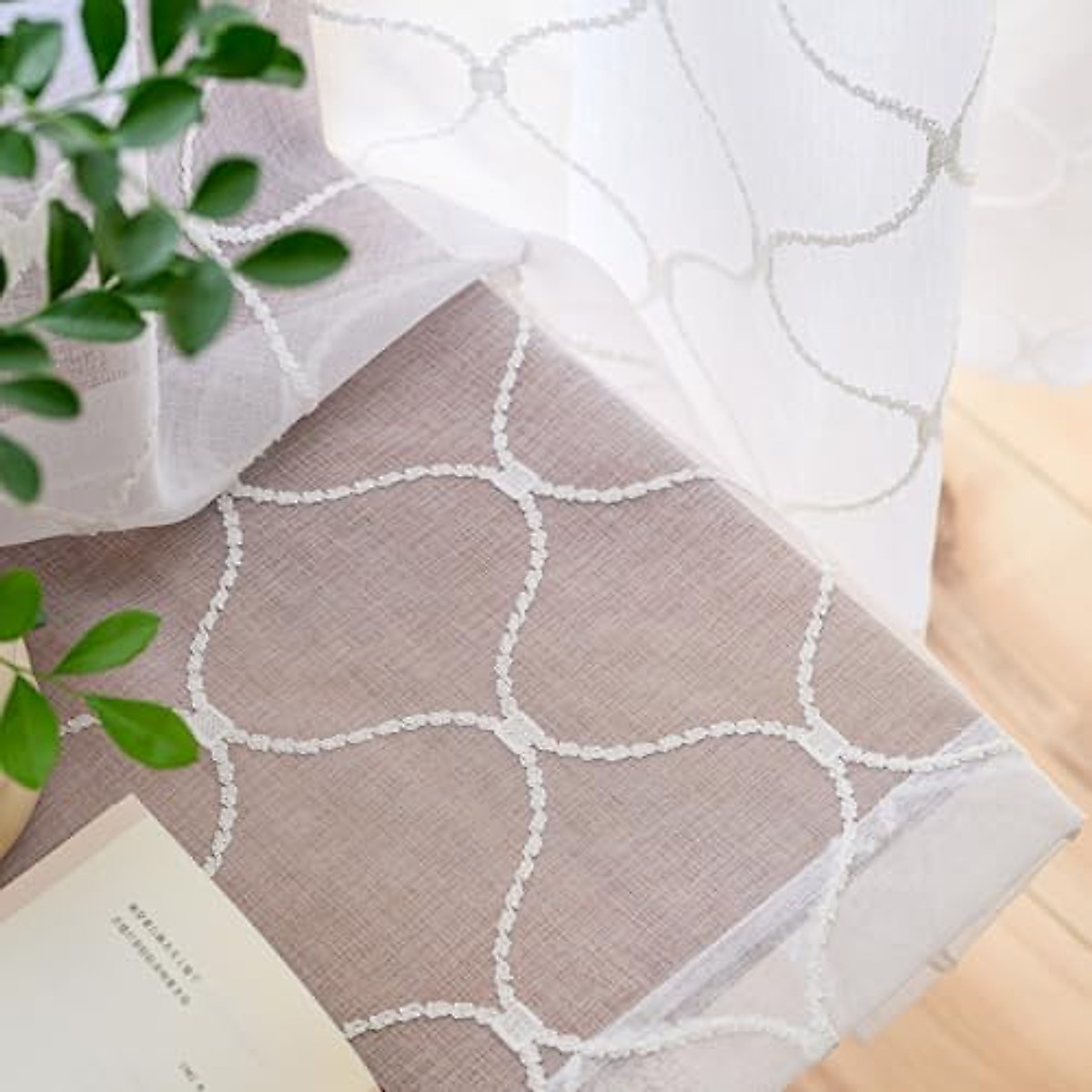 Embroidered Wave Diamond Sheer Curtains White 95 Inches, Window Treatments Rod Pocket Drapes for Living room, Bedroom, Semi Voile Curtain Panels for Yard, Patio, Villa, Parlor, Set of 2, 52"x95".