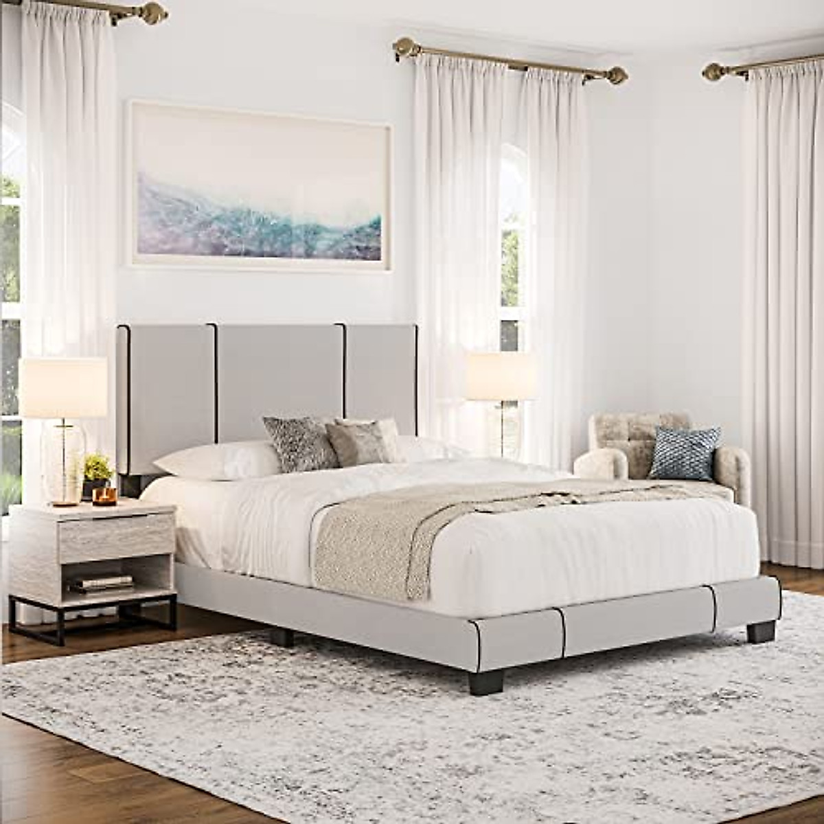 Boyd Sleep Lucena Platform Bed Frame with Fabric Upholstered Adjustable Headboard and Wooden Slats Supports, Box Spring Required: Linen, Off White, Twin