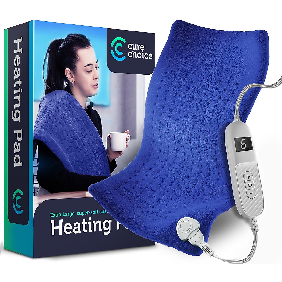 Cure Choice® Back Heating Pad for Back Pain 12"x24" XL Electric Heating Pad for Back Pain Relief, Ultra Soft Microplush Heat Pad for Back, 10 Fast Heat Settings, Auto Shut-Off, Washable, Royal Blue