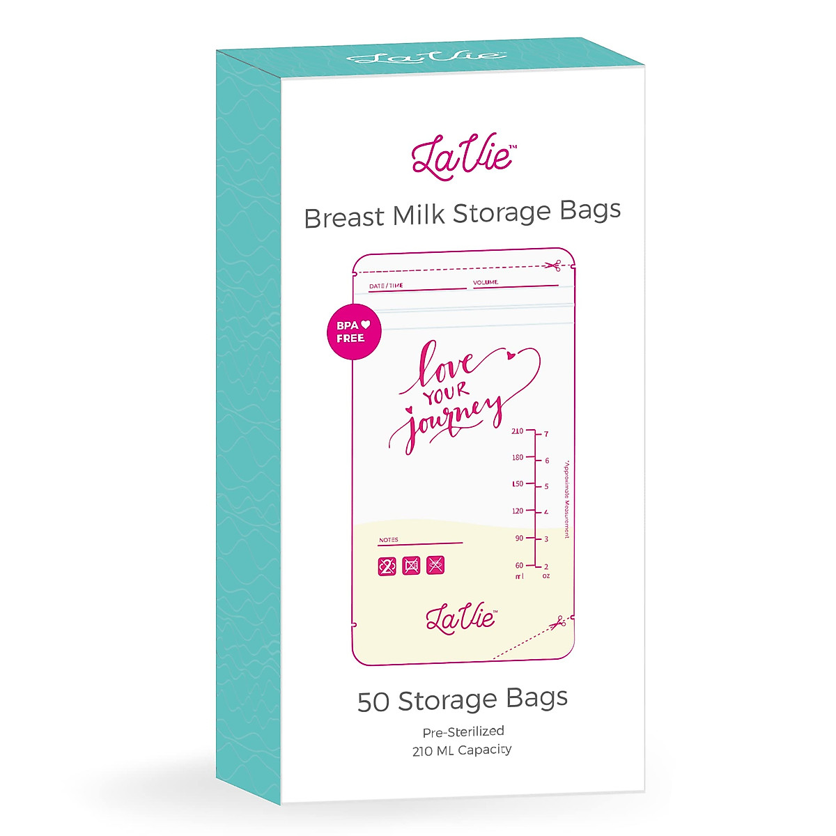 LaVie Breast Milk Storage Bags, 50 Count, 7 Ounce, Pre-Sterilized Breast Milk Containers, Leak-Proof, Space Saving, Self Standing for Refrigerating or Freezing Breast Milk (Pink)
