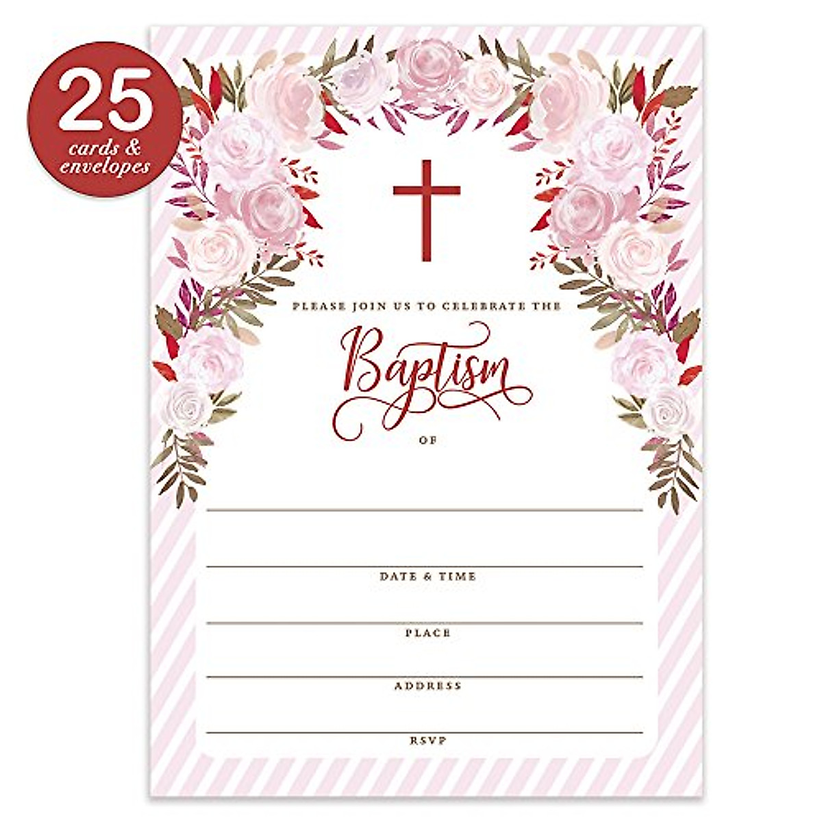 DB Party Studio Set Baby Baptism Invitations with Matched Thank You Notes ( 25 of Each ) Envelopes Included, 5 x 7" Lovely Pink Roses Fill-in Invites & Folded Thanks Cards Infant Christening Pair