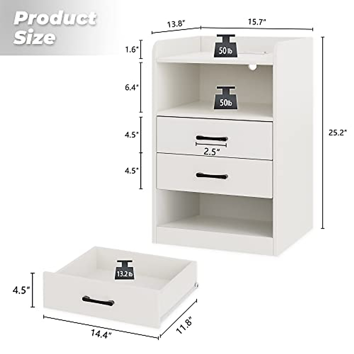 SUPERJARE Nightstand with LED Strip Light and Charging Station - 3 Drawers Bedroom End Table, 2 USB Ports, 2 Outlets, Bed Side Table with Remote, Open Storage, Metal Handles - White