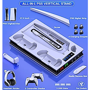 PS5 Stand with 3 Level Cooling Fan, Dual Fast PS5 Controller Charging Station Incl. 4 USB C Dongles, 3 USB Hubs, Headset Holder, Media Slot,PS5 Accessories PS5 Cooling Station for Sony P5 Digital/Disc