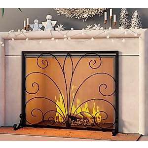 Fire Beauty Fireplace Screen,Handcrafted Wrought Iron Decorative Mesh,Flat Guard Metal Furnace Fireguards Mesh,Fireguards Safe Spark Protector for Living Room,Wood Burning Stove Accessories (Black)