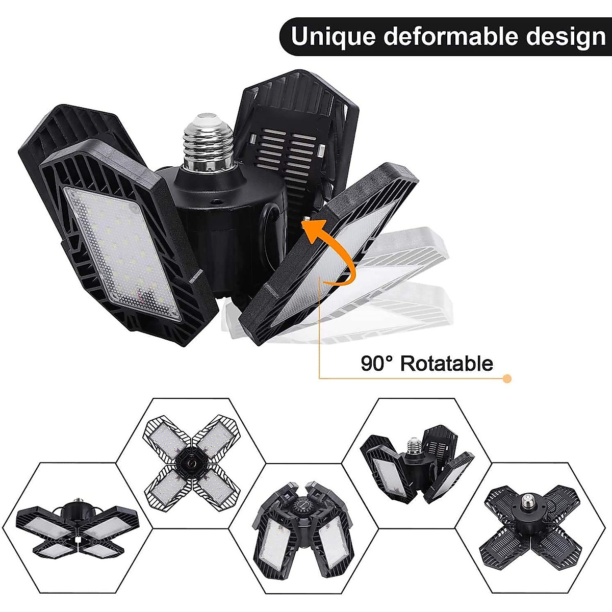 6Pack LED Garage Lights, 100W Deformable LED Lighting 10000LM E26 Daylight 6000K Super Bright Adjustable Lights for Warehouse