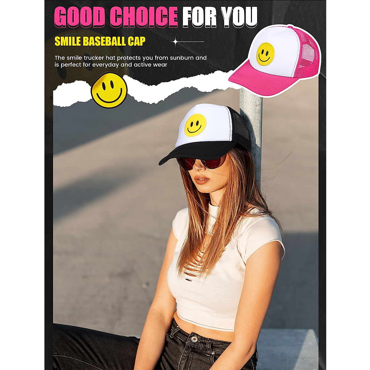 Cozypower 2 Pcs Smile Face Baseball Cap Smile Trucker Hat Mesh Adjustable Baseball Cap Retro Preppy Hats for Women(Rose Red, Black, White)