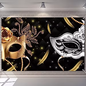 KUKUSOUL 6x4ft Mardi Gras Masquerade Party Backdrop Carnival Party Gold Sparkling Mask Background for Adults Women Birthday Party Decorations Birthday Party Decorations KUHBZT115