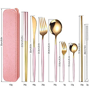 AARAINBOW 8 Pieces Stainless Steel Flatware Set Portable Reusable Cutlery Set Travel Utensils Set Including Chopsticks Knife Fork Spoon Straws Cleaning Brush Dishwasher Safe (Pink Golden)