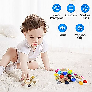 Arudyo Baby Teething Toys Silicone Teethers BPA Free Silicone Rudder with Wooden Ring Soothe Babies Gums (Khaki)