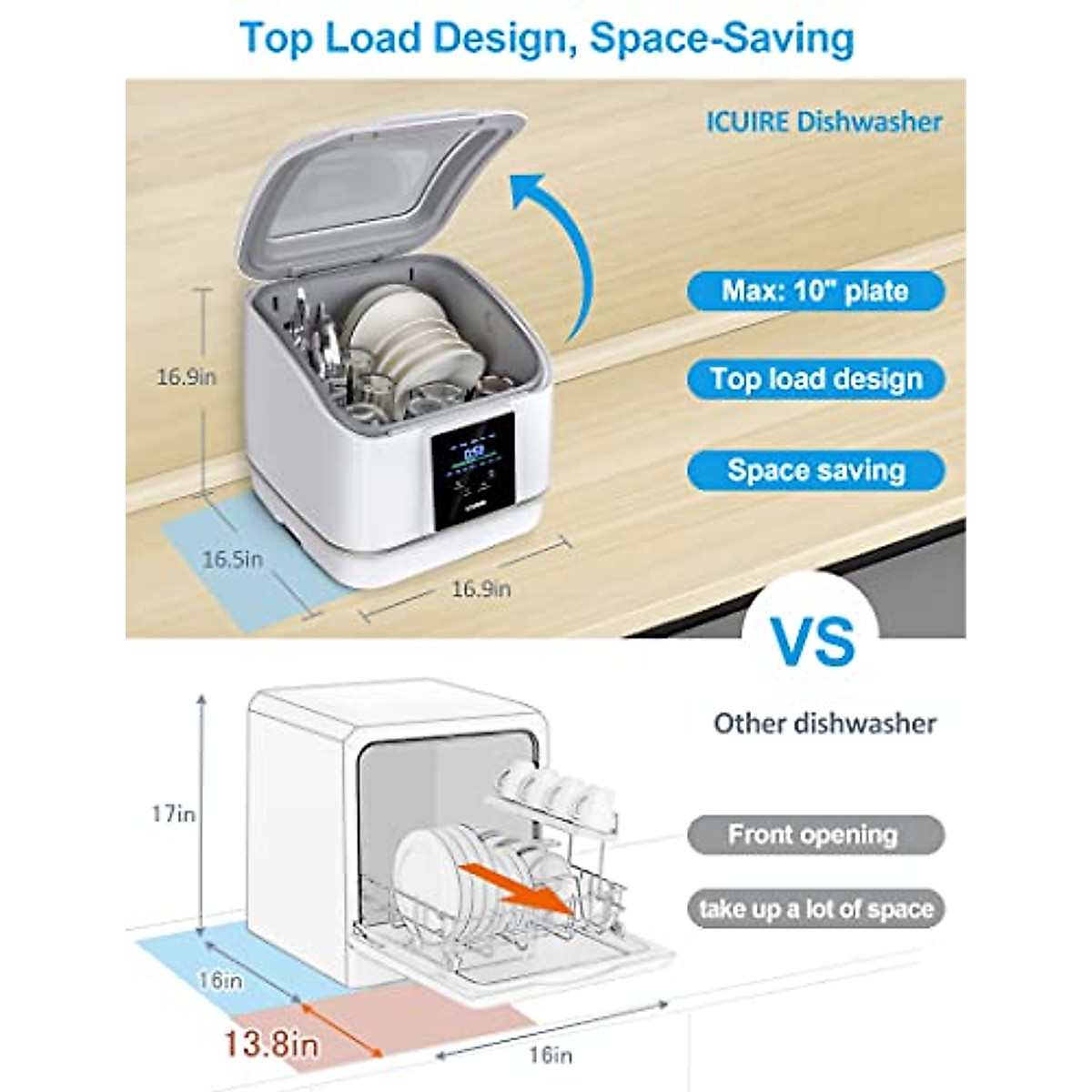 ICUIRE Portable Dishwasher Countertop, No Hookup Needed, 7 Programs, PTC Air-Dry, Anti-Leakage, Fruit & Vegetable Soaking, Mini Dishwasher for Apartments, Dorms and RVs