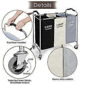 Laundry Hamper, Large Storage Basket Sorter 3 Section Bag Organizer for Dirty Clothes - Toys - Towel,16 X 30 X 35 inch Heavy Duty Laundry Cart Baskets with Wheels in Laundry Room Organization (white)