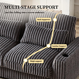 128" Modular Sectional Sofa, Comfy Corduroy Plush Couch with Cup Holders & Charging Ports, 4-Seater Sofa with Ottoman, L Shaped Couch with Reversible Chaise for Living Room, Apartment (Grey)
