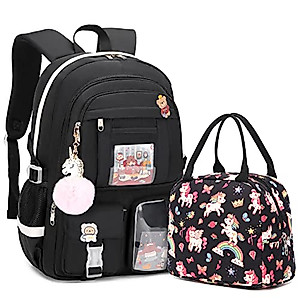 Laptop Backpacks 16 Inch School Bag with Lunch Box Set College Elementary Backpack Cute Lunch Bag Travel Large Bookbags for Teens Girls Women Kids Students (Black- Unicron)