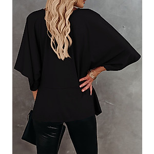 Womens V Neck 3/4 Bell Sleeve Blouse Tops Summer Loose Solid Kimono Shirt Patchwork Irregular Hem Tunic Black