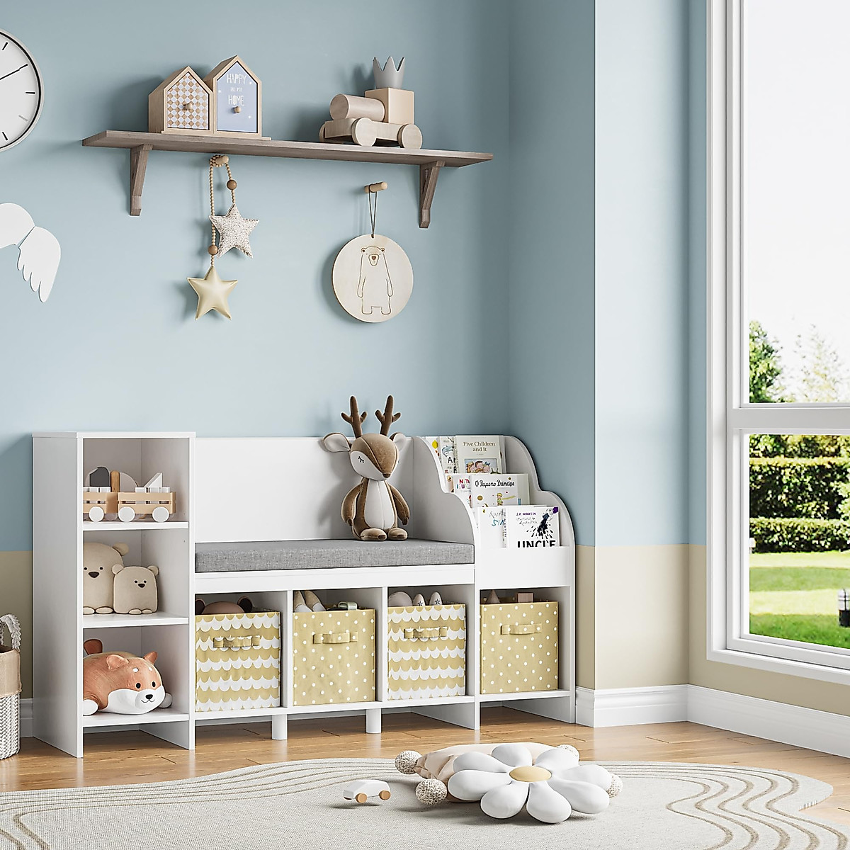 HOSTACK Kids Reading Nook, Nursery Bookshelf and Bookcase with Bench, Book Shelf Organizer with Seat Cushion and 6 Storage Cubbies for Playroom, Bedroom, White