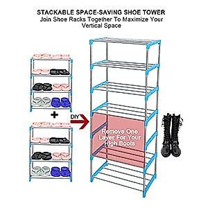 LNYZQUS Upgrade 4 Tier Small Shoe Rack, Kids Show Rack Closet Shoe Organizer,Compact Stackable Shoe Shelf Shoe Stand Floor Shoe Rack for Narrow Space,Zapateras Organizer for Shoes (Blue)