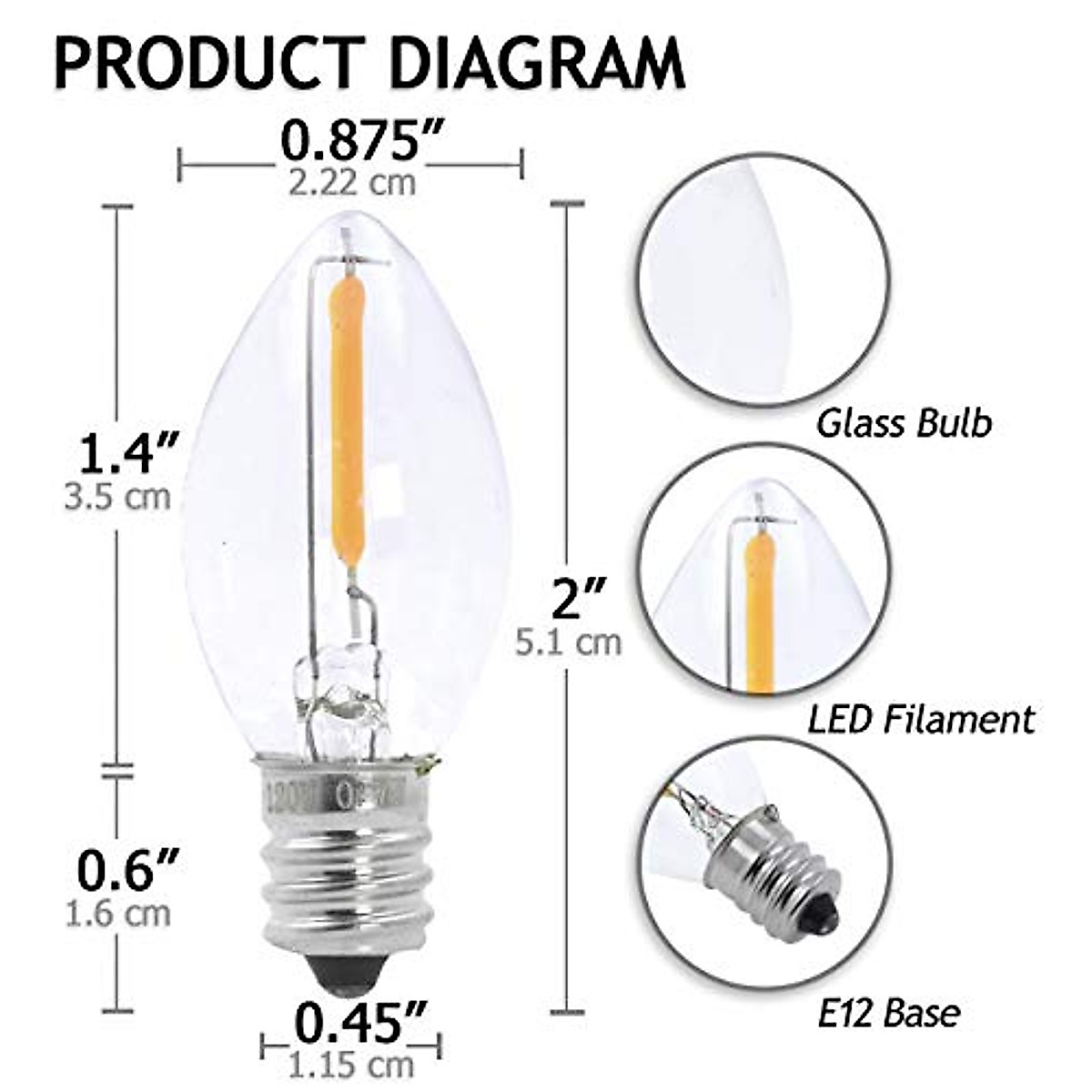 Mandala Crafts Warm White Clear C7 Led Bulbs 7-Watt Equivalent with 120V Candelabra E12 Small Base for Night Light Chandelier Candle Christmas Village Replacement