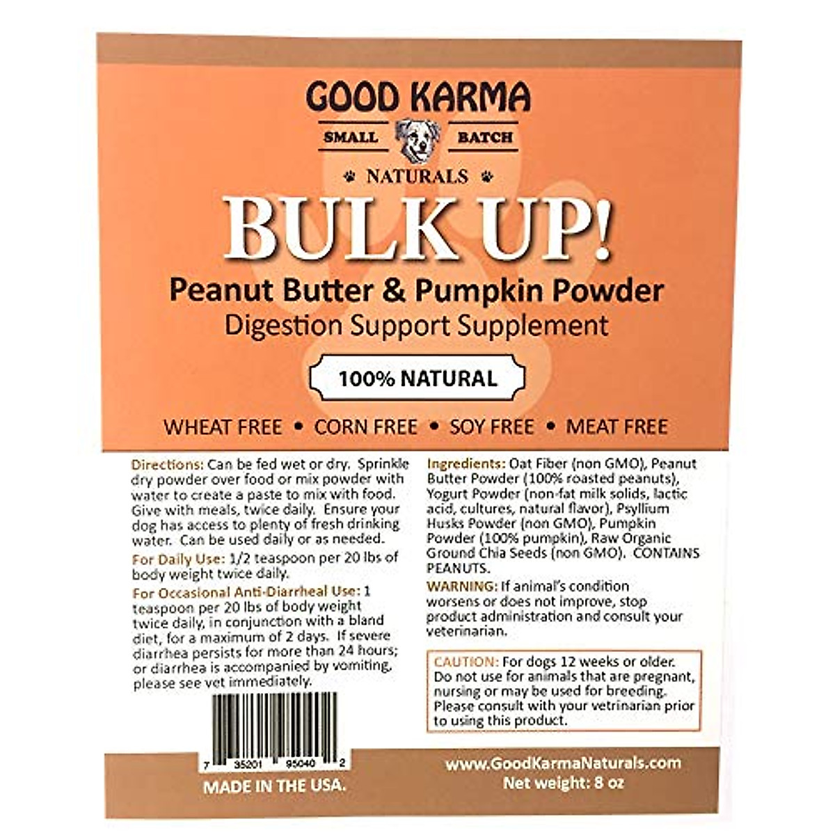 All Natural Digestion Support, Diarrhea Relief & Anal Gland Health Supplement for Dogs - Good Karma Naturals Bulk Up 100% Natural Dog Digestive Fiber Pumpkin Powder (8oz Bag)
