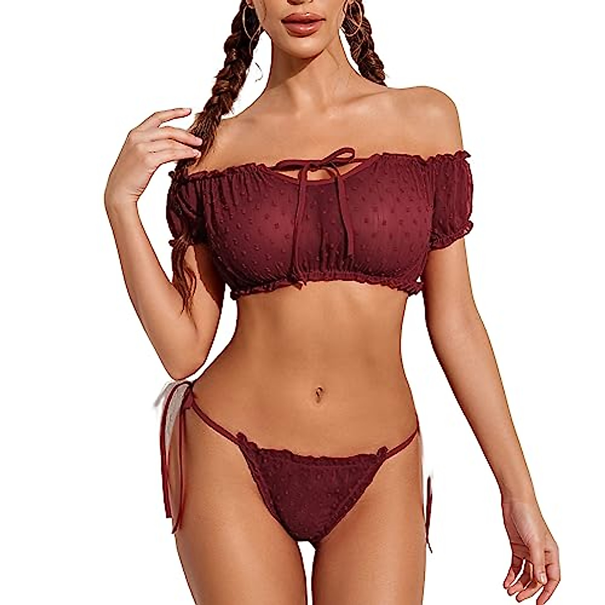 Avidlove Two Piece Lingerie Set Ruffle Lingerie Set Mesh Babydoll Chemise Wine Red XXL