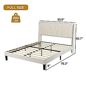 HOMBCK Full Size Bed Frame with Geometric Wingback Headboard, Modern Fabric Upholstered Platform Bed Frame Full with Strong Wood Slat Support, No Box Spring Needed, Easy Assembly, Beige