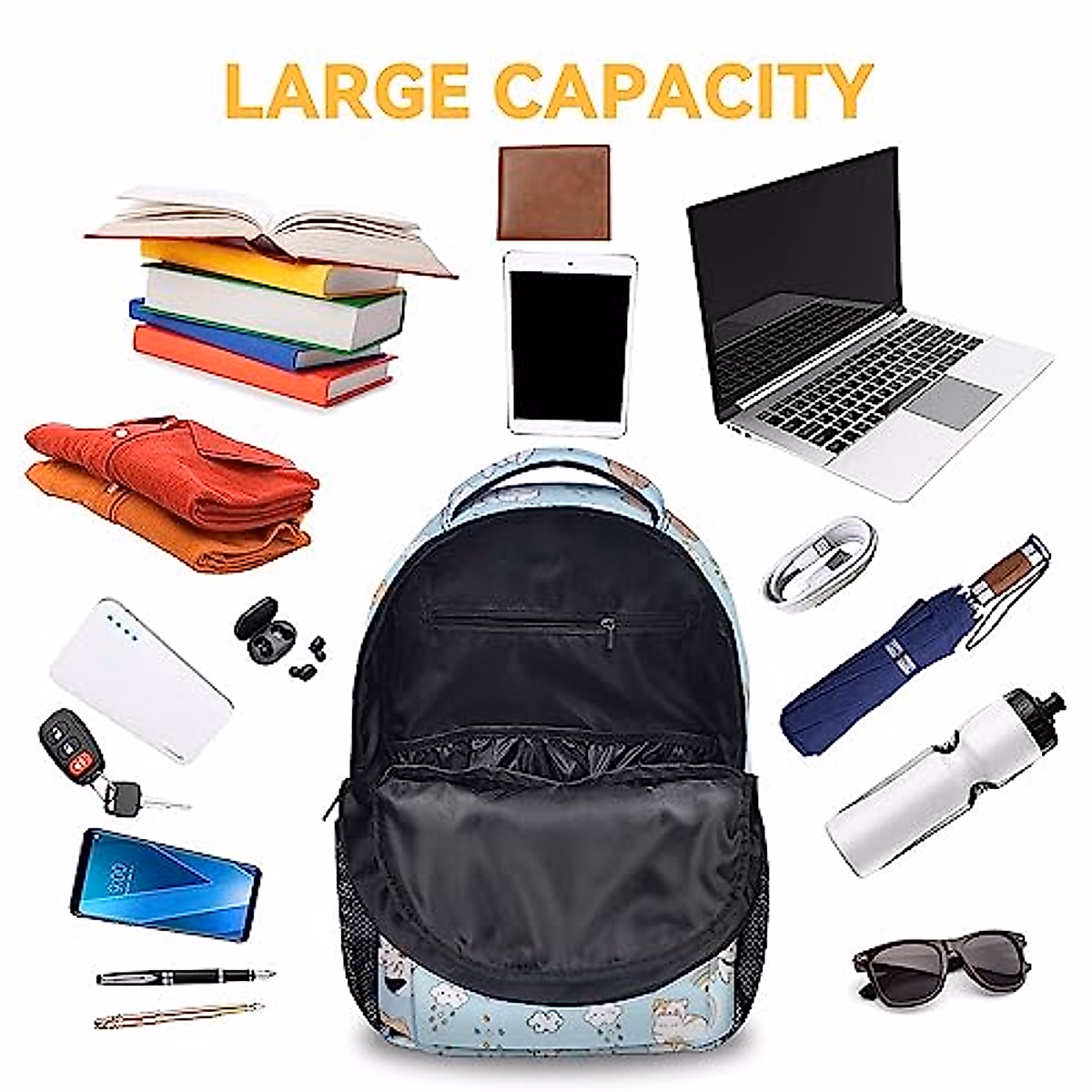 BEOIIBIRD Cat Backpack for Girls, 16 Inch Blue Backpacks for School, Cute Lightweight Bookbags for Kids