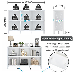 FATORRI 6 Cube Storage Organizer with Shelf, Long Wood and Metal Cubby Bookcase, Industrial Horizontal Bookshelf (White Oak, 47 Inch)