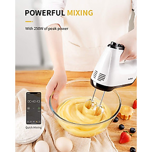 SHARDOR Hand Mixer Electric1.0, 6 Speed & Turbo Handheld Mixer with 5 Stainless Steel Accessories, For Whipping, Mixing Cookies, Brownie, Cakes, Dough Batters, Snap-On Storage Case, White