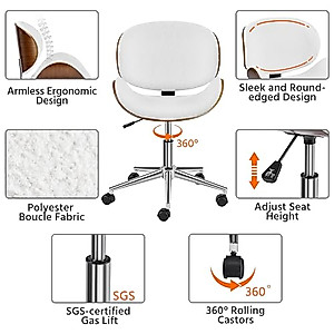 Yaheetech Ergonomic Desk Chair Armless Office Chair Mid-Century Bentwood Seat Computer Chair Boucle Fabric Swivel Chair Height Adjustable for Bar Meeting Room Hotel, White