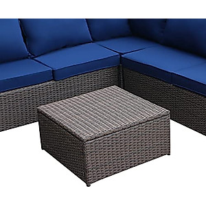 Outdoor Patio Furniture Set with Ottoman Square Coffee Table 4 Piece Patio Sectional Sofa Couch, Modern Brown Rattan Wicker with Seat Cushions - Navy Blue - Oliver & Smith - Sunny