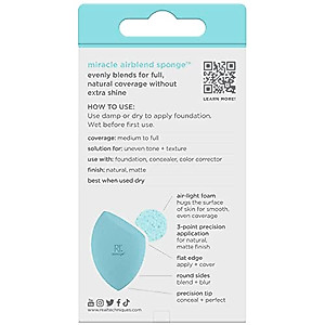 Real Techniques Miracle Airblend Sponge, Matte Makeup Blending Sponge, For Liquid, Cream, & Powder Products, Offers Medium To Full Coverage, Foundation Sponge, Latex-Free Foam, 1 Count