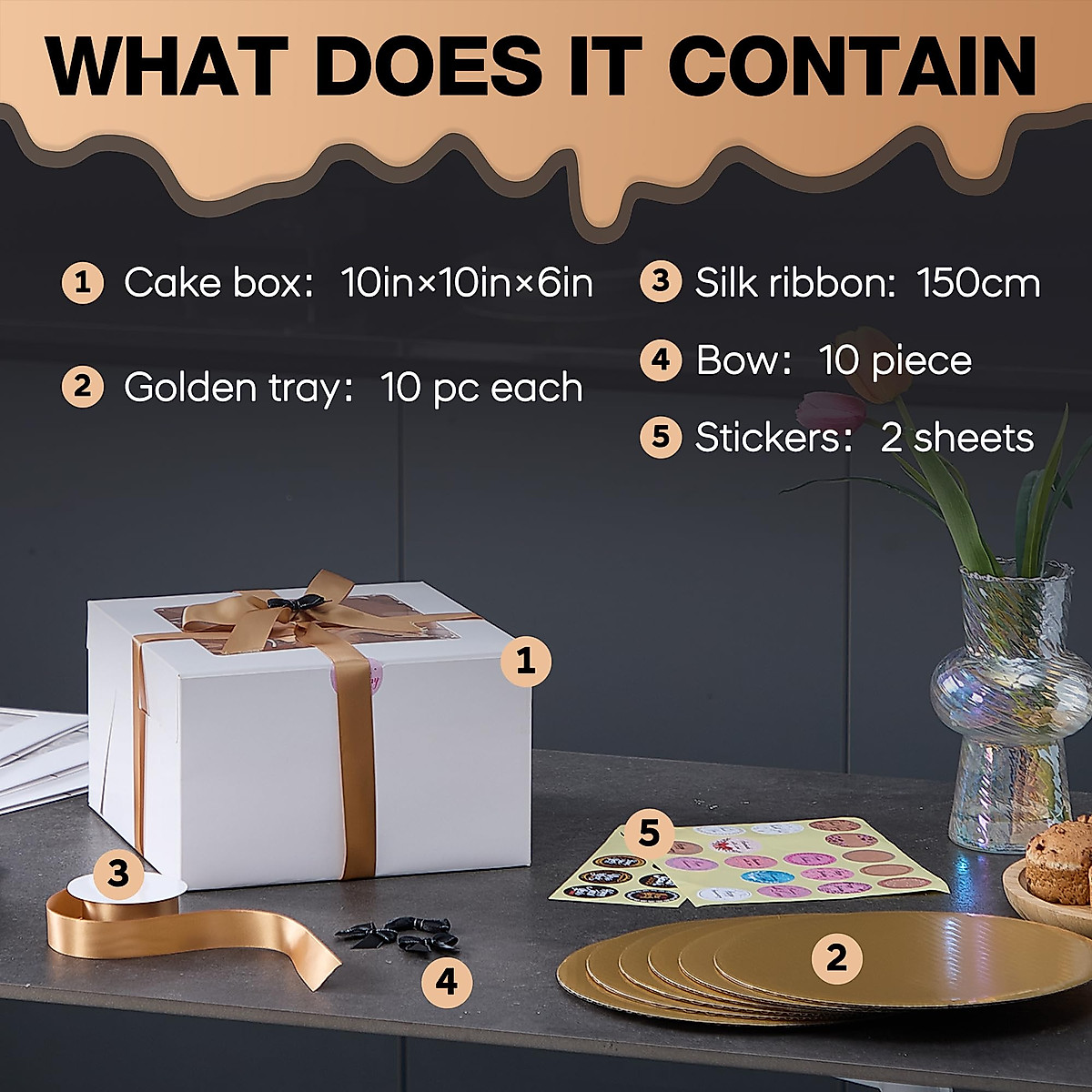 HAUS SPIRIT 20pcs 10x10x5 Cake Boxes USA Made | Cajas Para Pastel | 450GSM Military Grade Most Certified 10inch Cake Boxes