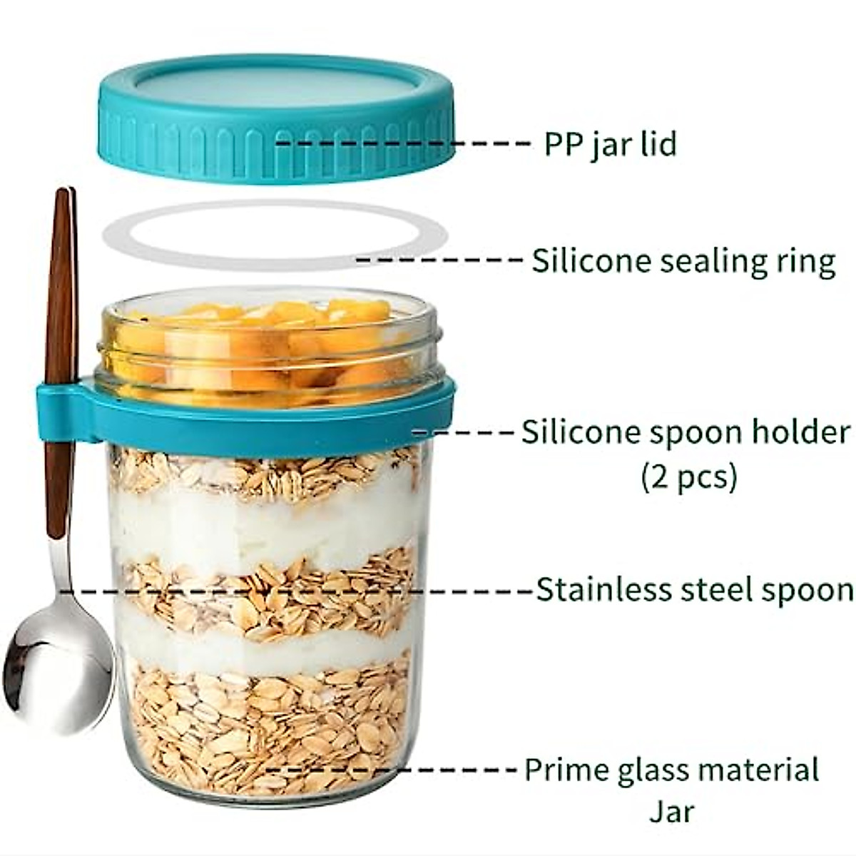 Kryhonva 2 Pack Glass Overnight Oats Container with Lids and Spoon, Overnight Oats Jars with Measurement Marks, Mason Jars for Milk, Vegetable and fruit Salad Storage Container (White+Pink)