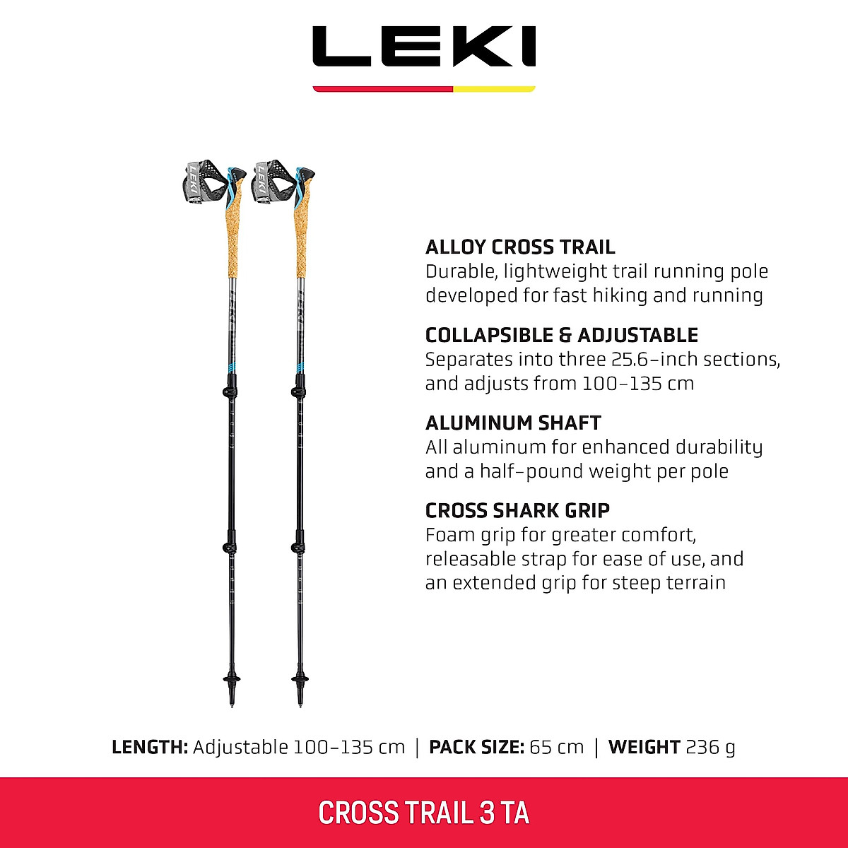 LEKI Cross Trail 3 TA Aluminum Adjustable Lightweight Walking Poles for Trekking & Hiking - Black-Blue-Anthracite - 110-135 cm
