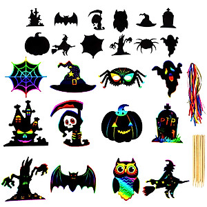 LOKIPA Halloween Scratch Paper, 72 Pieces Magic Rainbow Scratch Off Art Cards Ornaments for Kids Halloween Crafts