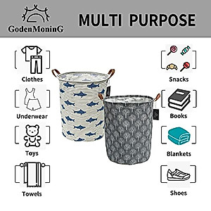 Collapsible Laundry Basket - GodenMoninG 2X 62.8L Large Sized Round Waterproof Storage Bin with Leather Handles,Home Decor,Toy Organizer,Children Nursery Hamper.(Grey Striped Shark & Grey Tree, 1+1)