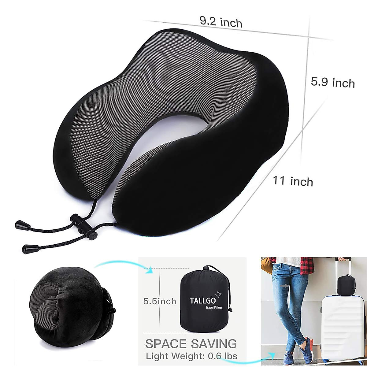 Travel Pillow, Best Memory Foam Neck Pillow Head Support Soft Pillow for Sleeping Rest, Airplane Car & Home Use (Black)