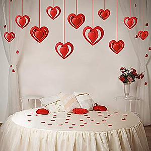 PTFNY 15 Pieces Valentine's Day 3D Heart Hanging Decorations Red Hearts Hanging Ornaments with Red Ribbons Party Supplies for Indoor Outdoor Bridal Shower Anniversary Wedding Party Decorations