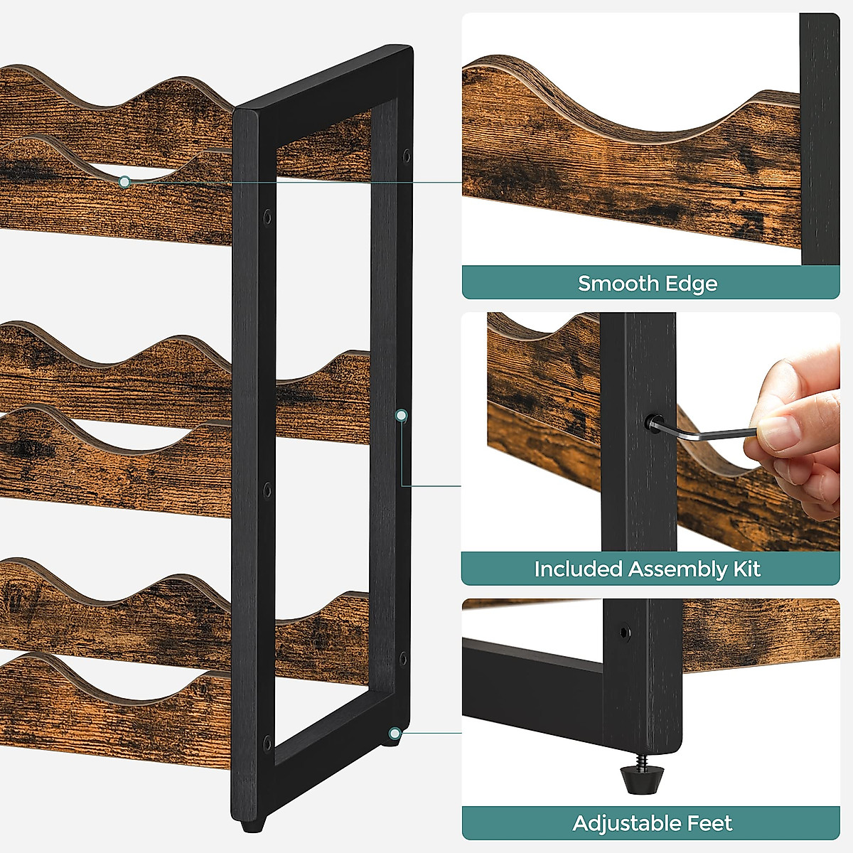 SONGMICS Countertop Wine Rack, 3-Tier Display Wine Storage Shelves, Holds 12 Bottles, Bamboo Wobble-Free Bottle Holder for Kitchen Bar Dining Room Living Room, Rustic Brown and Black UKWR011B01