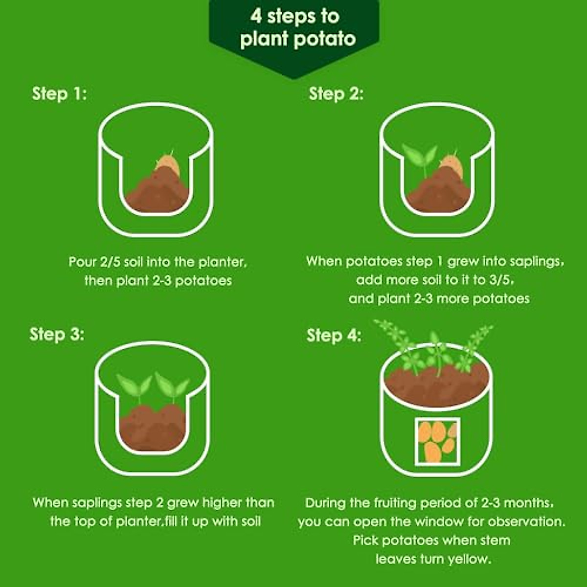 Delxo 5 Pack 7 Gallon Potato Growing Bags, Planter Garden Grow Bags with Flap, Double Layer Breathable Nonwoven Cloth for Planting/Vegetable/Tomato/Aeration Fabric Pots with Handles Green