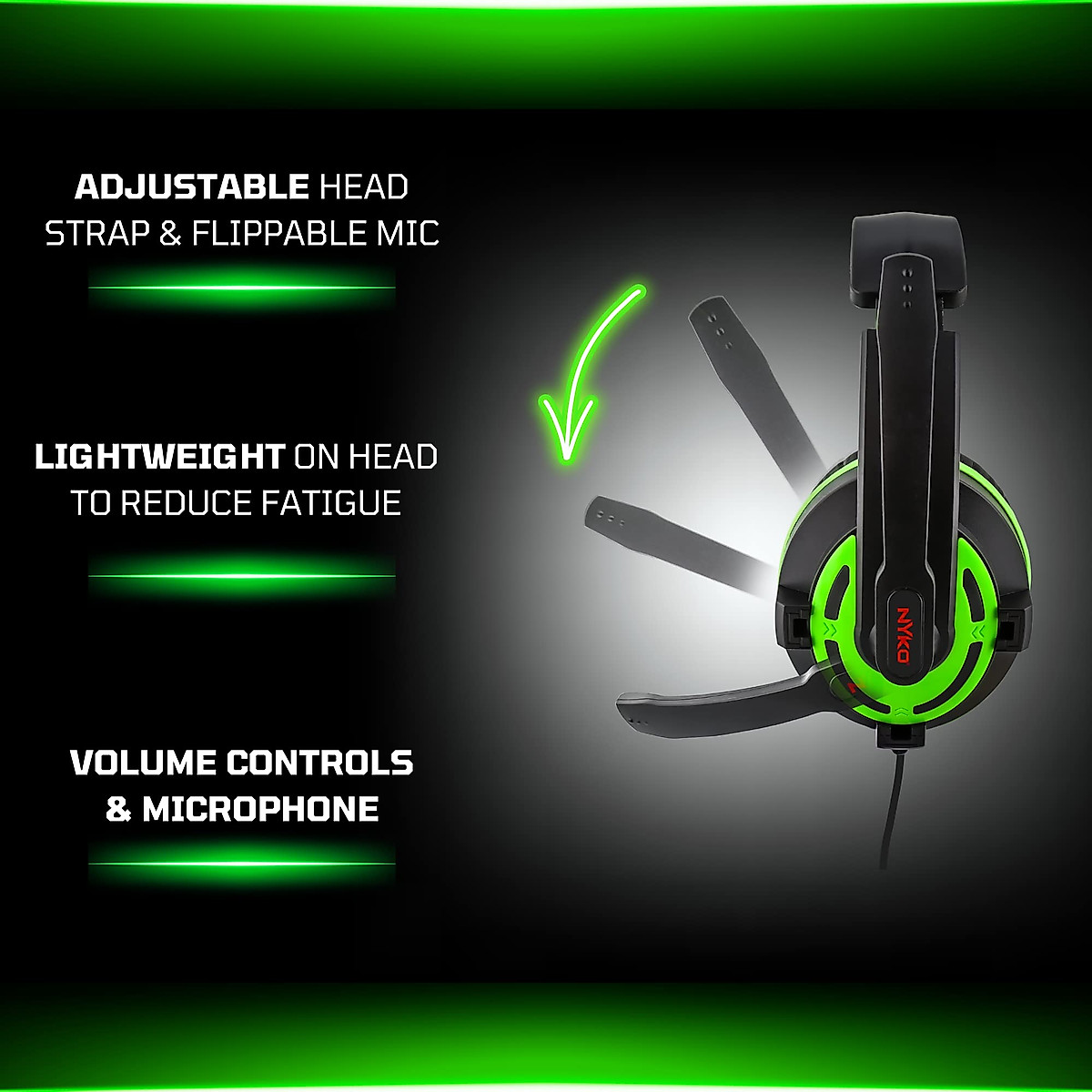 Nyko NX-2600 Wired Headset for Xbox One - Lightweight Headphones w/Adjustable Microphone - Compatible w/Xbox 1, Xbox X|S, Switch, PS4 and PS5 - Xbox One Accessories (Black and Green)